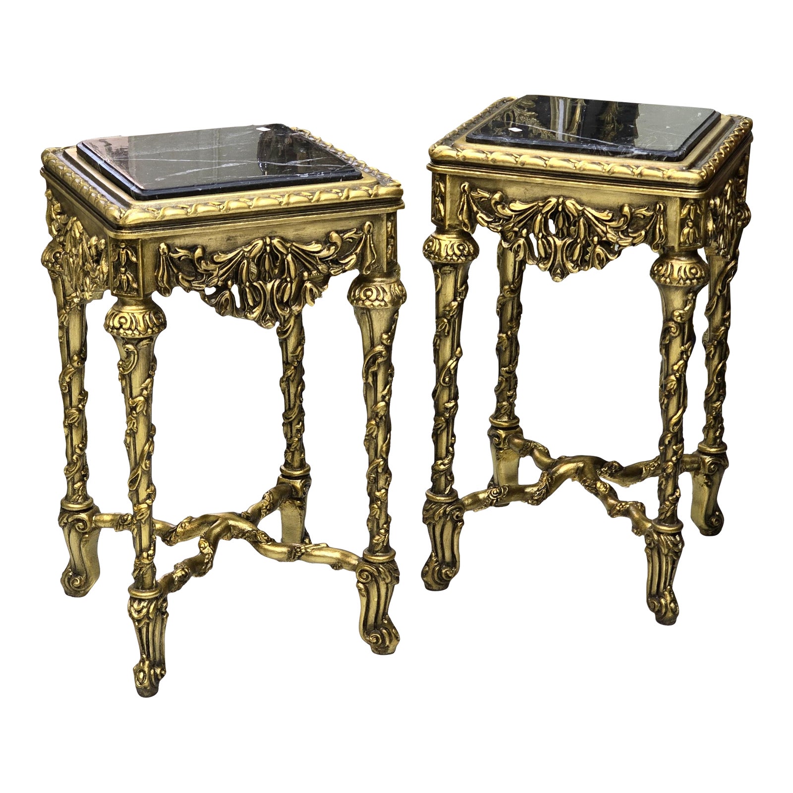 French Style Black Marble Topped Gold Side Tables - Set of 2 | Chairish