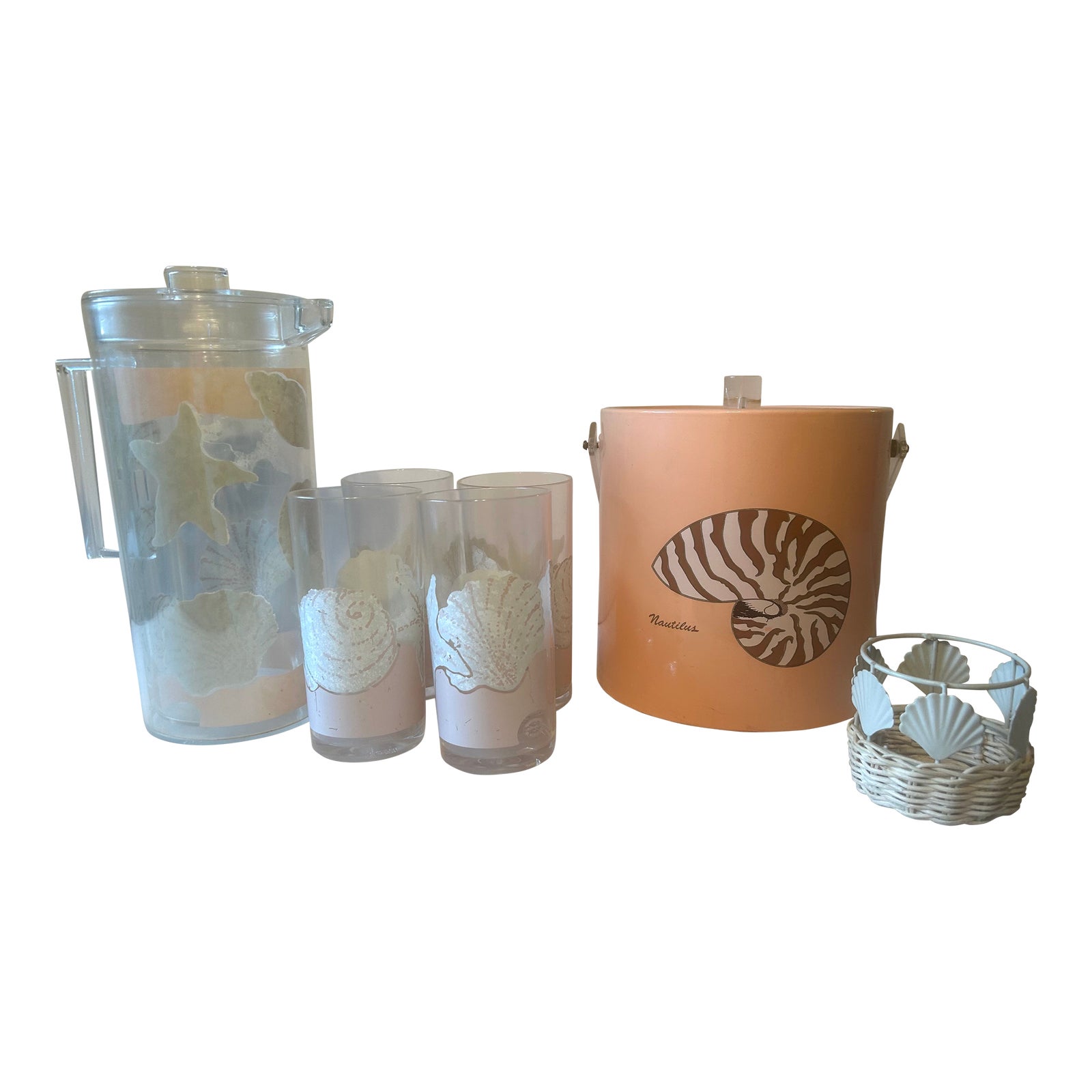 1980s Palm Regency Pink Shell Drink Set- 7 Pieces | Chairish