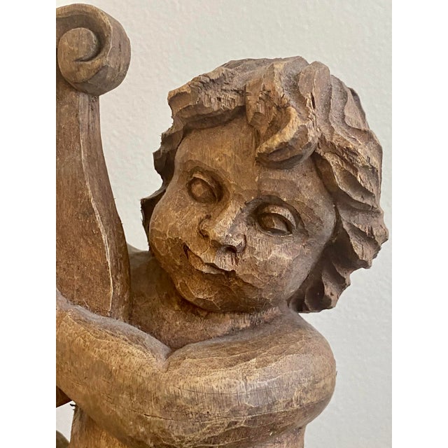 Antique Carved Wood Cherub Putto Angel Figure Sculpture on Stand | Chairish