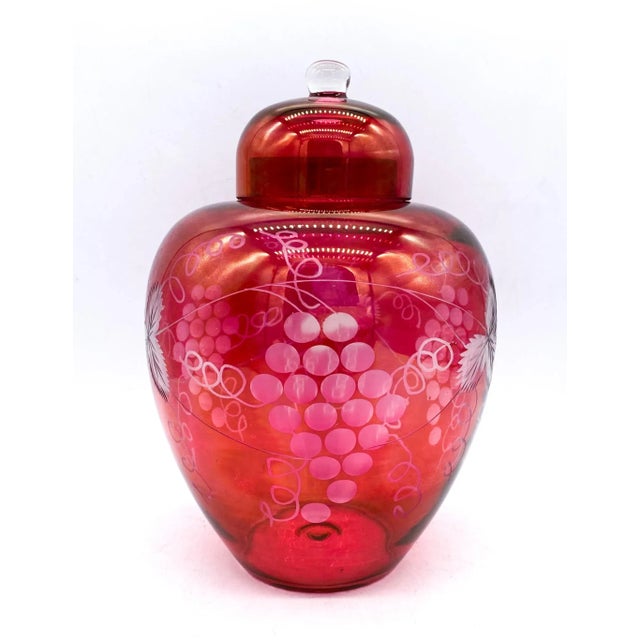 Vintage Cut to Clear Ruby Red Flashed Glass Ginger Jar- Grape Vine ...