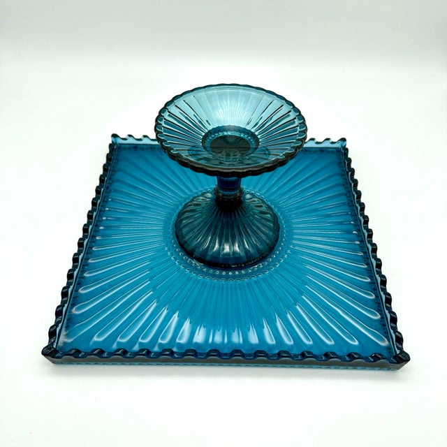 Godinger Modern Vintage Catalina Blue Square Cake Stand | Chairish