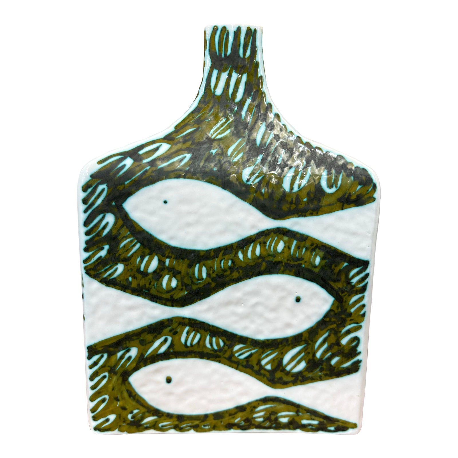 1960s Alessio Tasca Large Green & White Fish Dove Vase for Raymor Italy ...