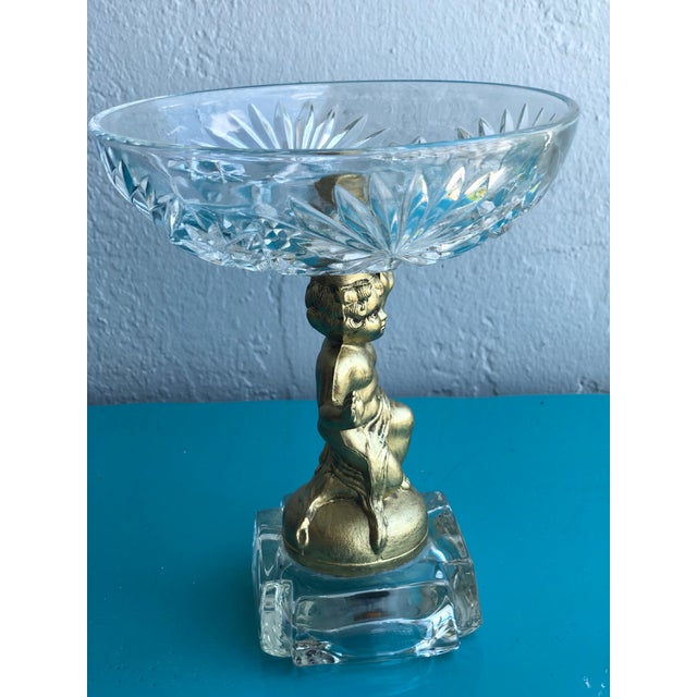 Vintage Crystal Brass Metal Glass Compote Cherub Pedestal Bowl | Chairish