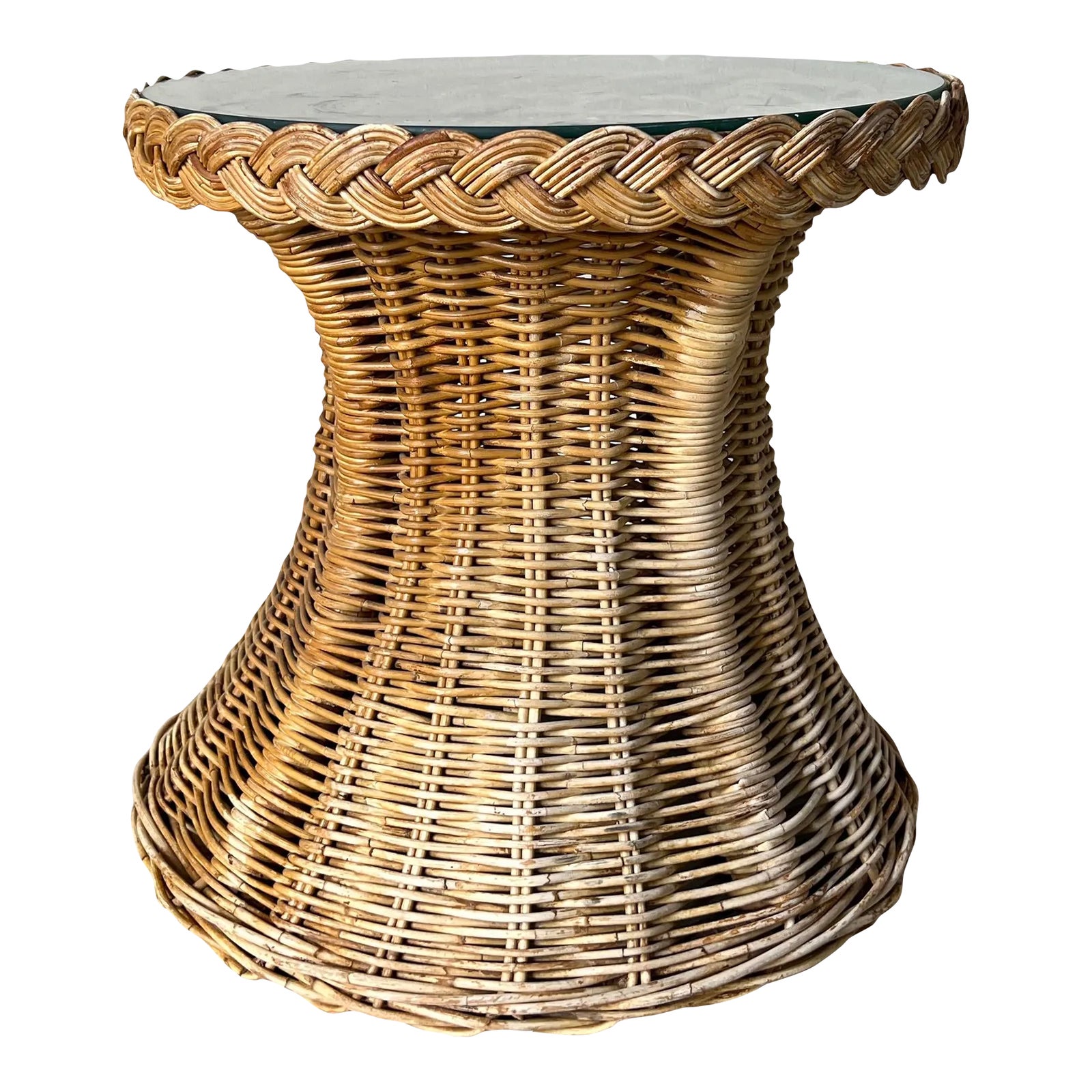 Vintage Wicker Works Braided Rattan Round Side Table W/ Glass Top ...