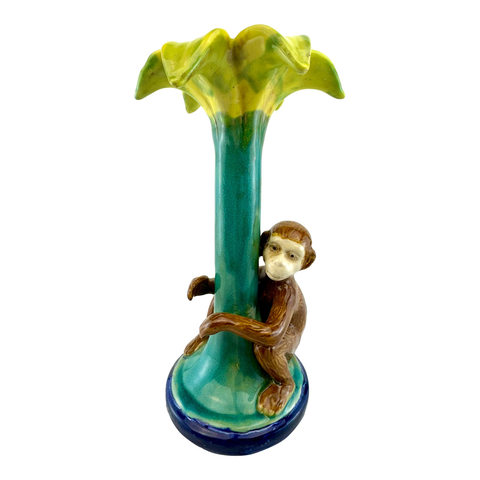 Vintage Majolica Style Monkey Vase With Fluted Lily Form Rim | Chairish