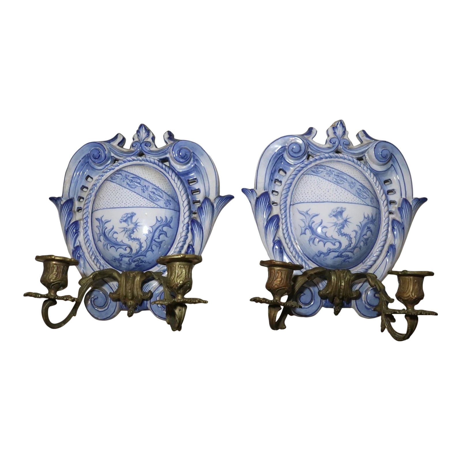 Antique Handmade Galle Nancy St. Clement Pottery Bronze Faience Sconces ...