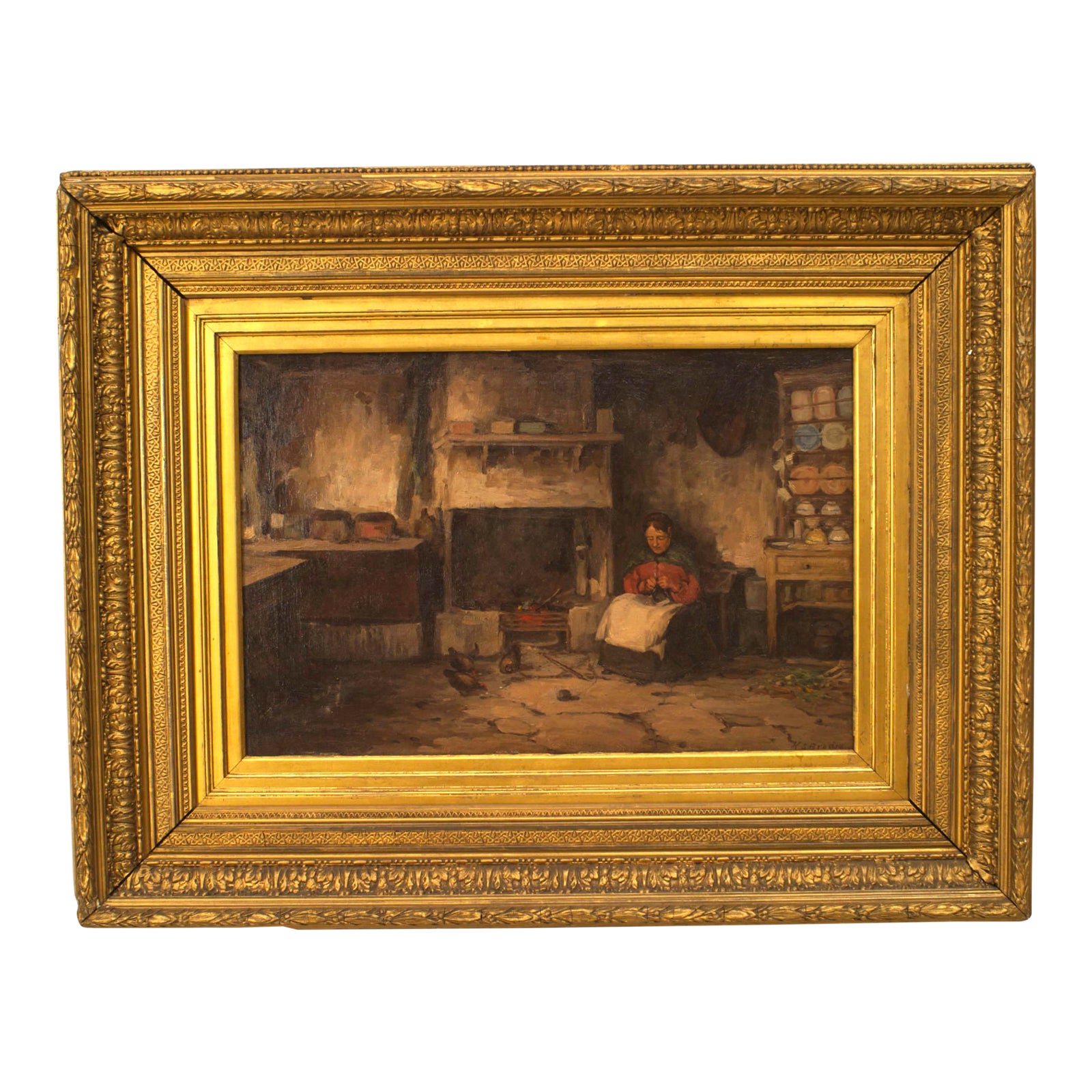 English Victorian Oil Painting of Lady by Fireplace | Chairish