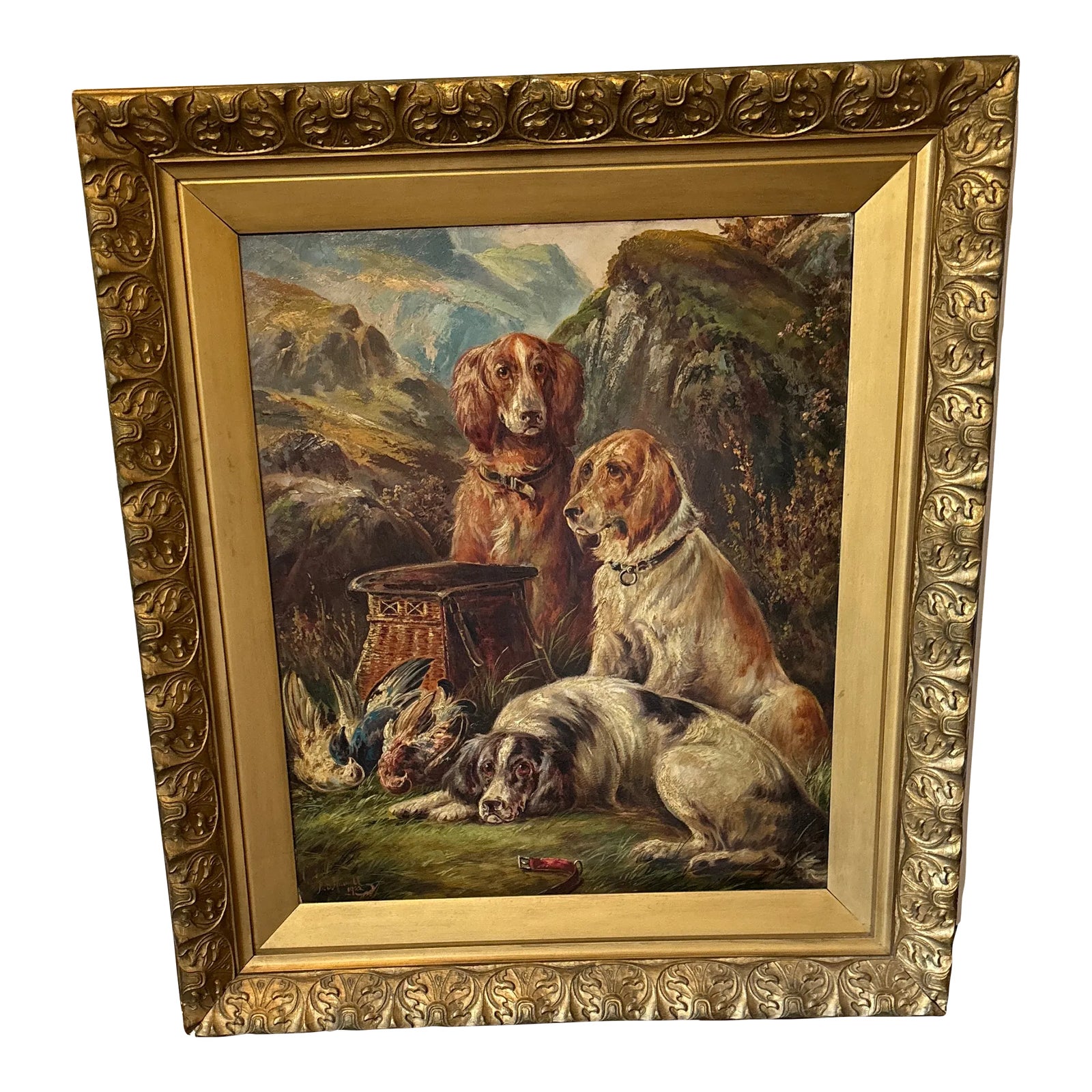 Large Painting of Hunting Dogs at Rest by H. S. Howell 1922. Signed and ...