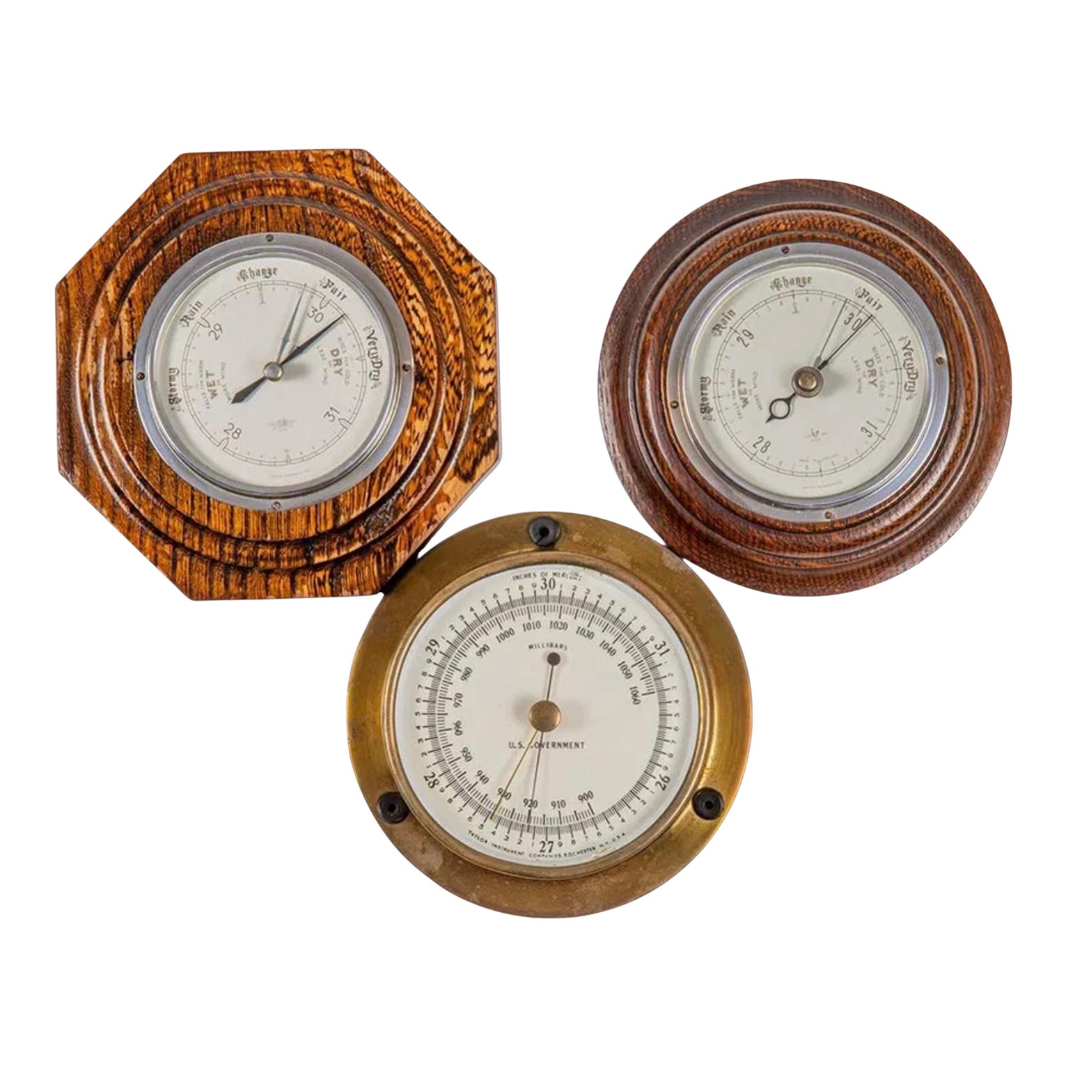 20th Century English and American Brass and Oak Navy Ship Barometers ...