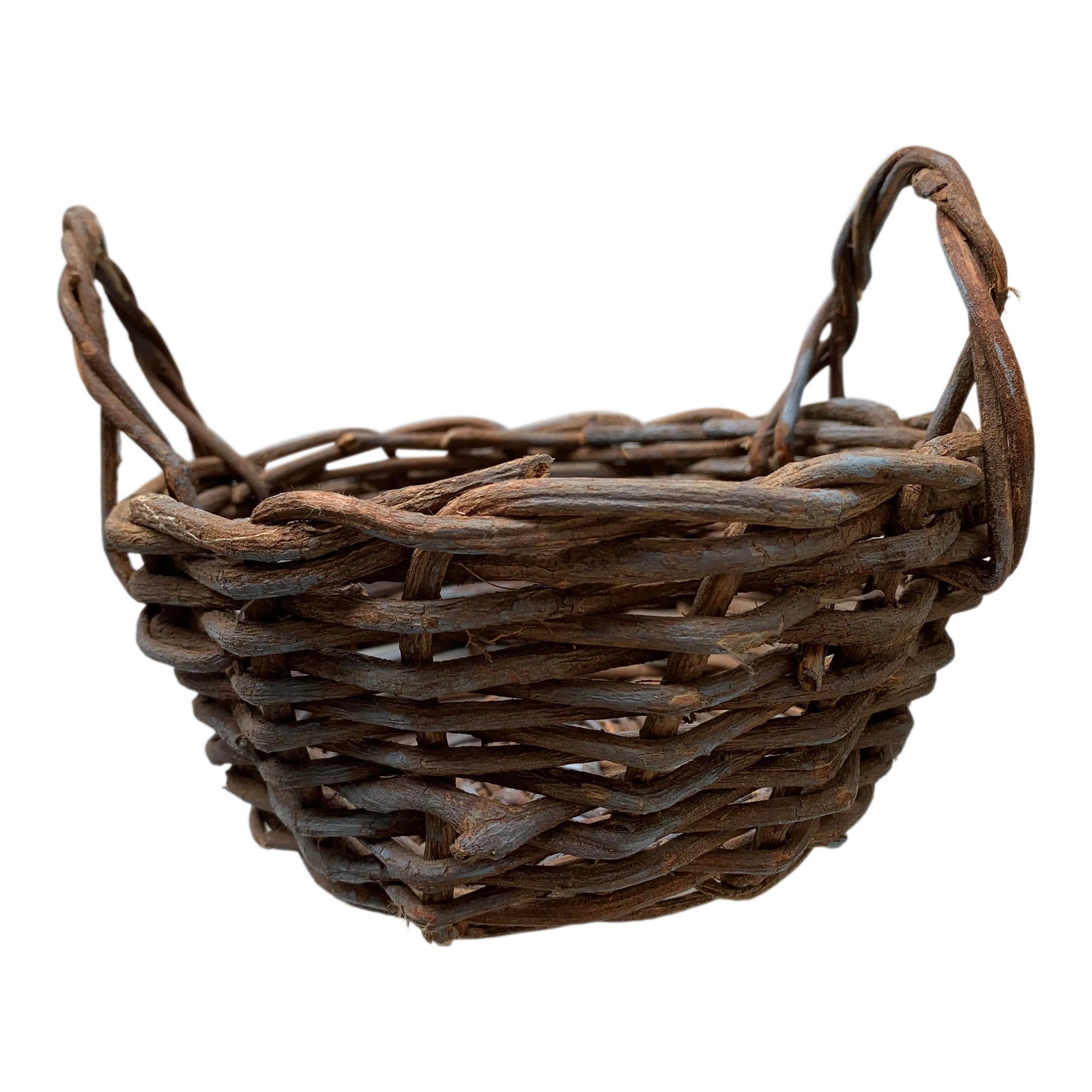 Rustic Twig Basket Round With Handles | Chairish