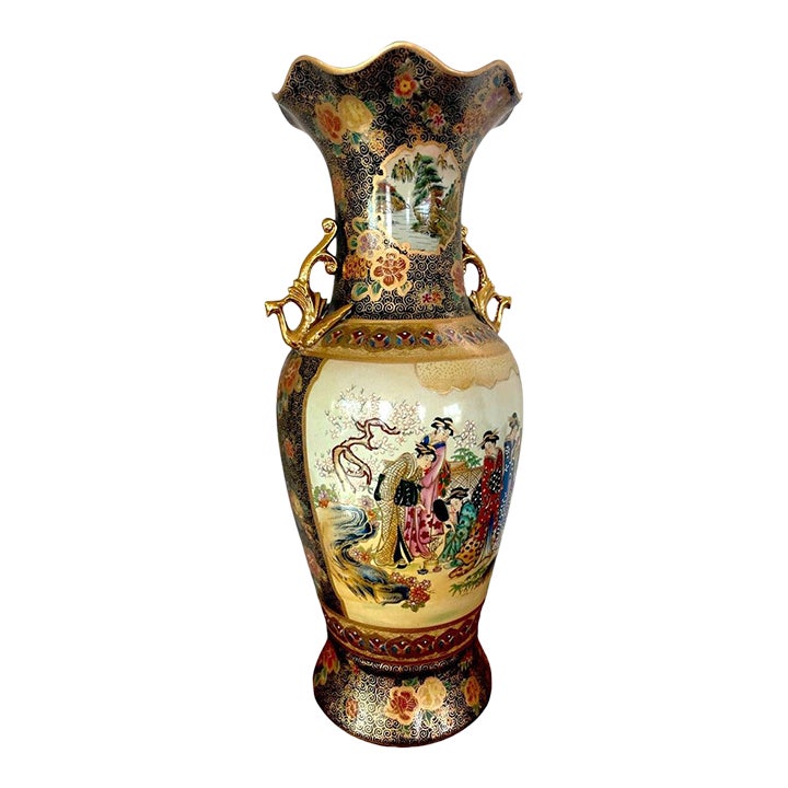 Signed Tall Vintage Mid Century Gilded Satsuma Hand Painted Porcelain ...