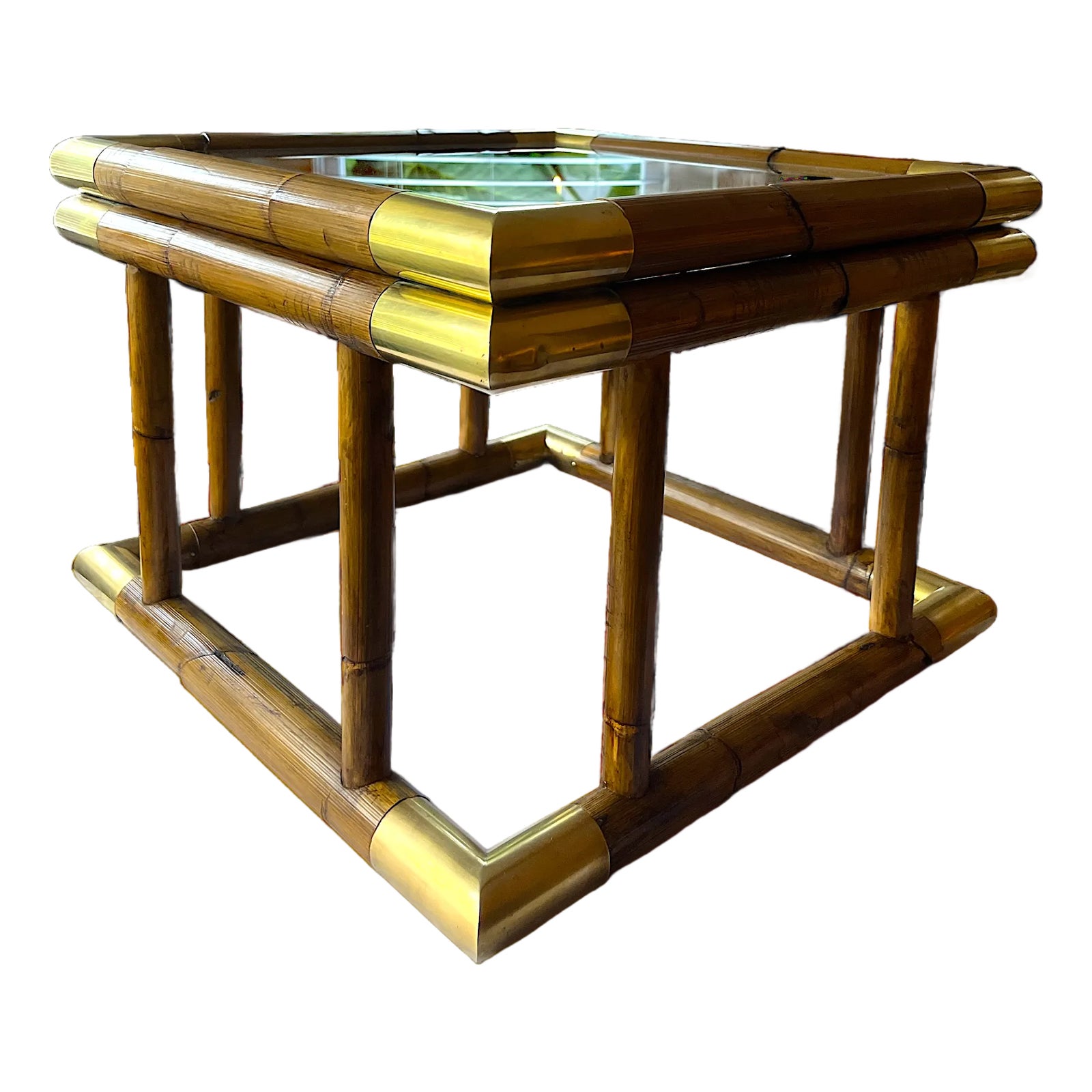 1970s Bamboo & Brass Square Side Table With Glass Top | Chairish