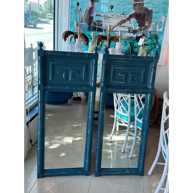 Vintage Pair of Wood Faux Bamboo Greek Key Blue Lacquered Wall Mirrors ...