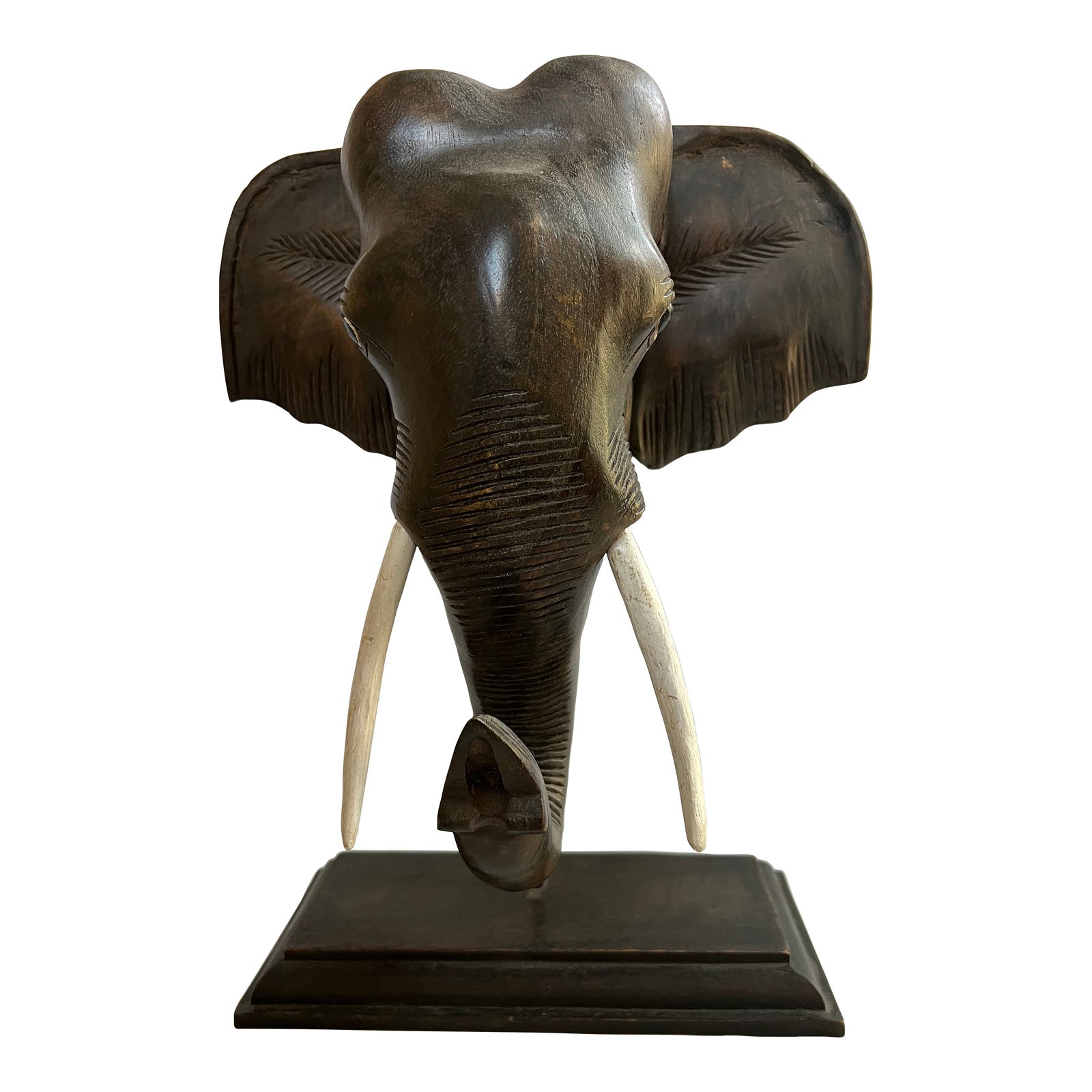 Wood Elephant Head Sculpture on a Stand | Chairish