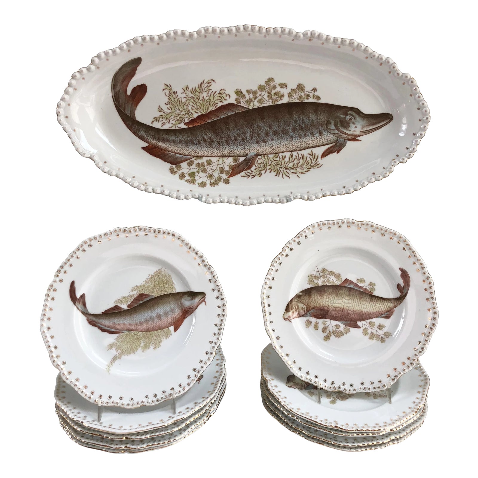 Antique Porcelain 22k Gold Fish Serving Set - Set of 11 | Chairish