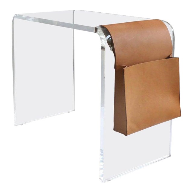 New Custom Lucite Waterfall Side Table With Leather Magazine Pocket ...