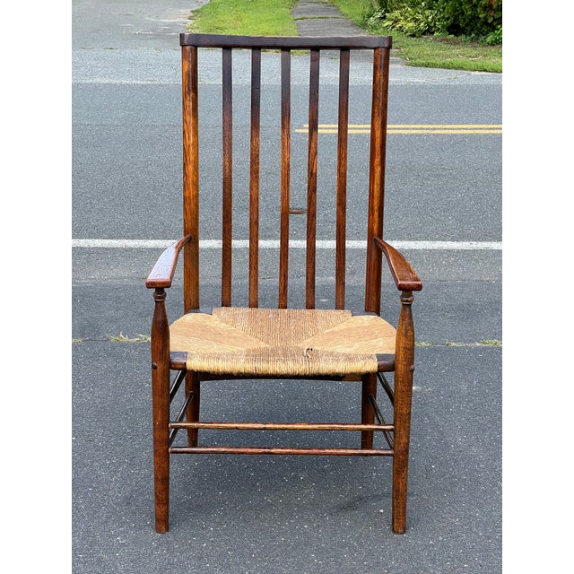 Antique Edwardian Oak Elbow Chair With Rush Seat, Circa 1910 | Chairish