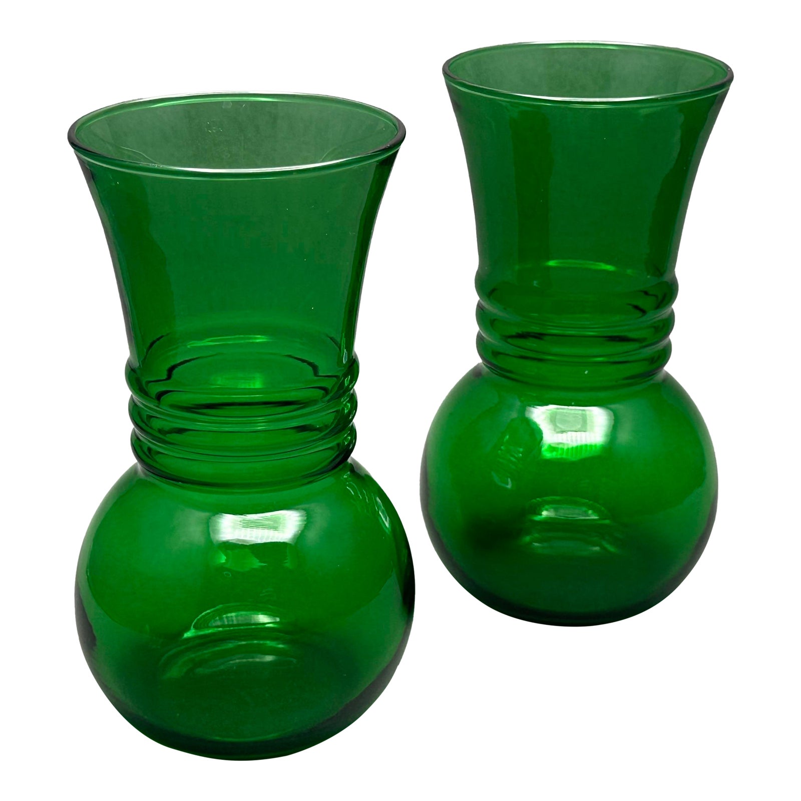 Vintage Pair of MCM Anchor Hocking Forest Green Ribbed Vases | Chairish