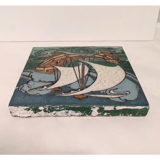 Early 20th Century Grueby Viking Ship Earthenware Tile | Chairish