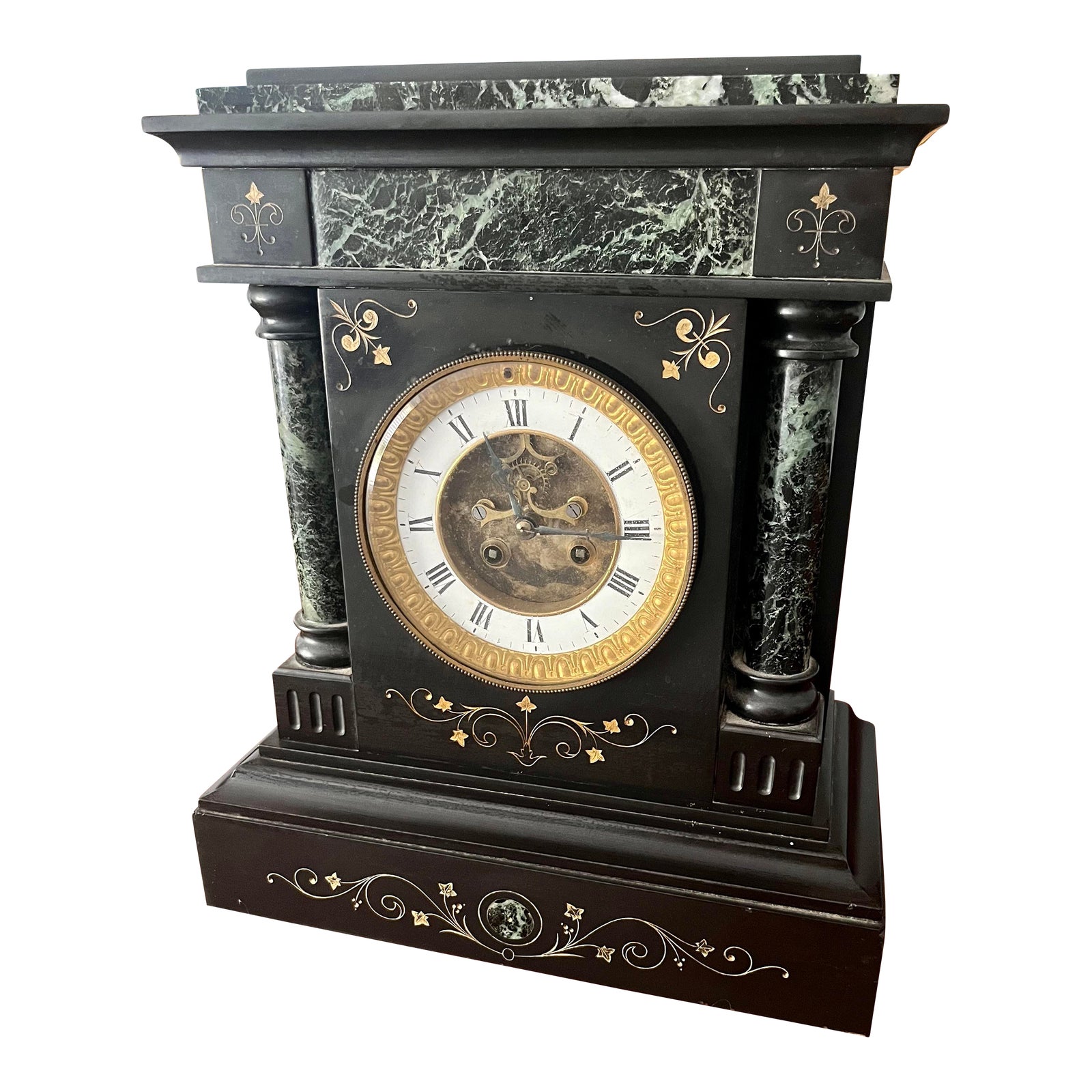 Antique French Black Marble Upright Mantle Clock | Chairish