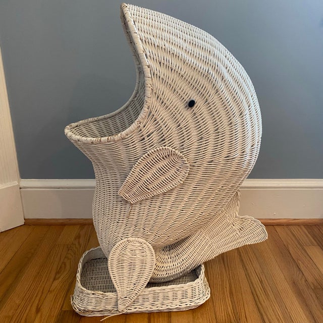 1970's Shabby Chic White Wicker Whale Basket / Hamper | Chairish