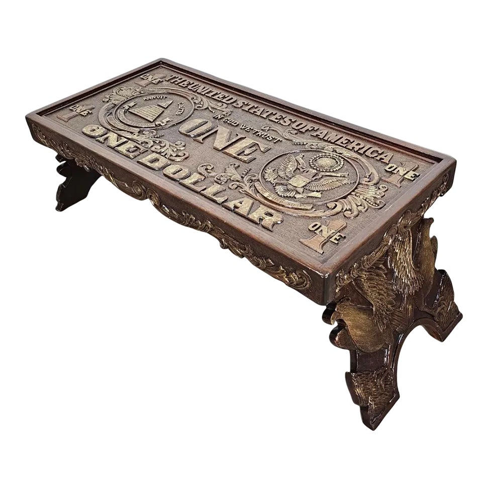 1960s Carved Wood Currency Dollar Bill Coffee Table | Chairish