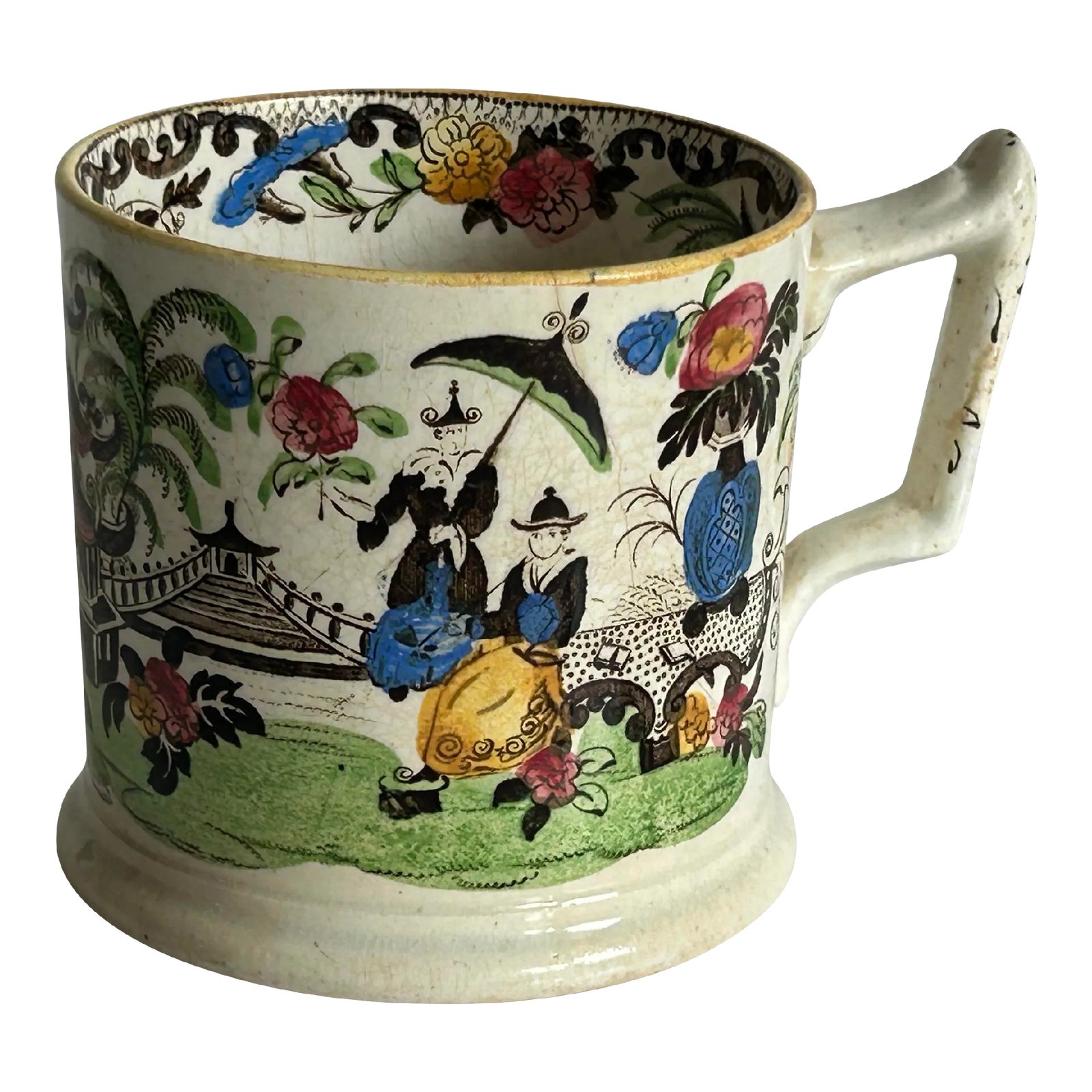Antique English Creamware Chinoiserie Mug Blown Transfer Polychrome ...