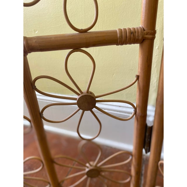 Vintage 1970s Three Panel Rattan Screen With Wicker Daisies | Chairish