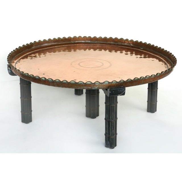 Rustic Substantial Copper Tray Coffee Table on Wood Stand | Chairish