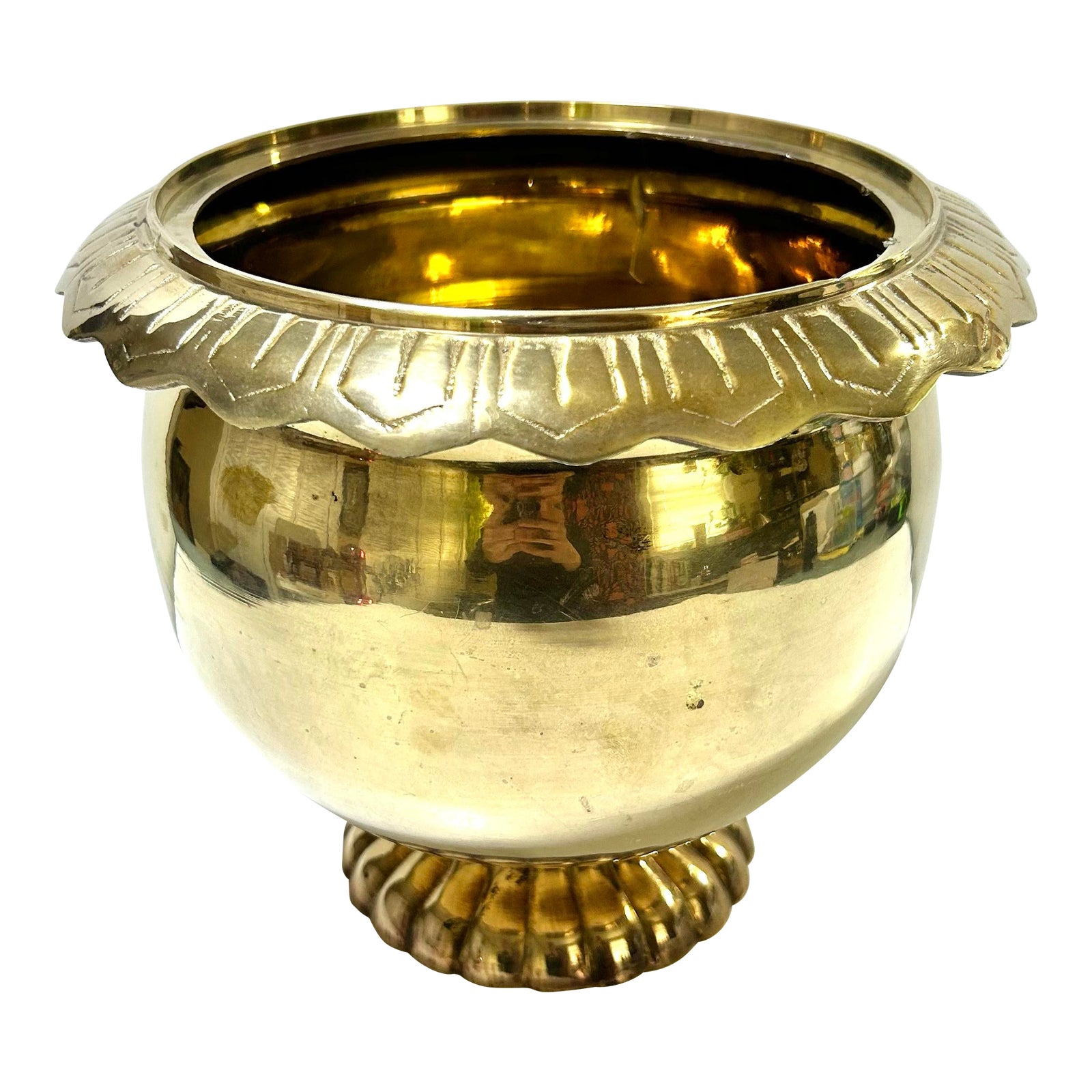 1980s Brass Cachepot With Fluted Pedestal Base & Etched Rim | Chairish