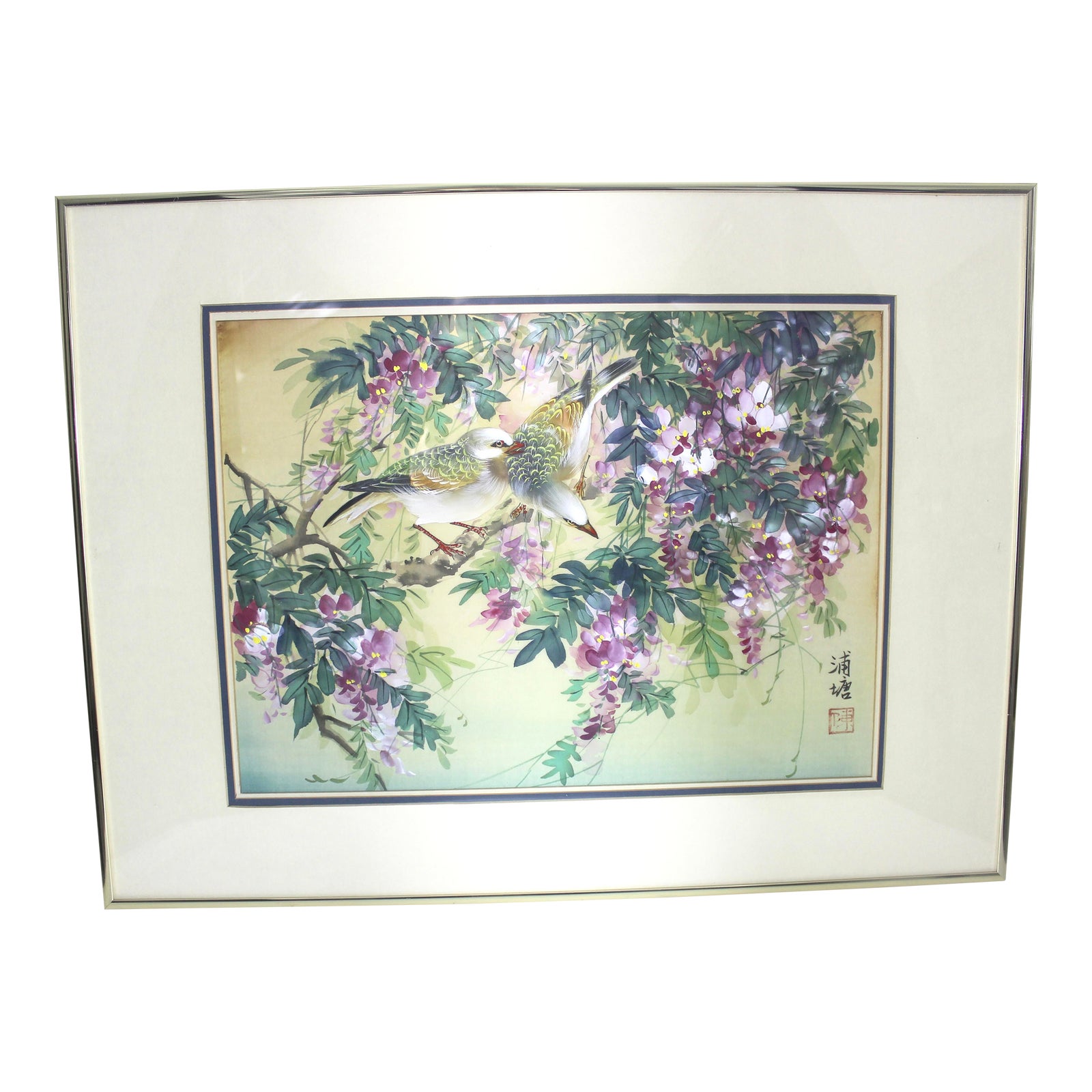 Vintage Asian Painting on Silk, Birds on Wisteria Branch Signed by ...