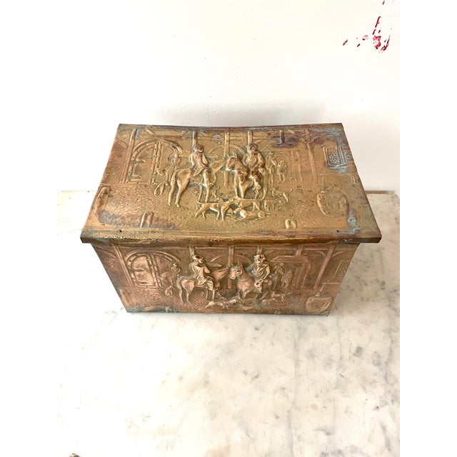 Antique 19th Century English Brass Box With Hunt Scene | Chairish