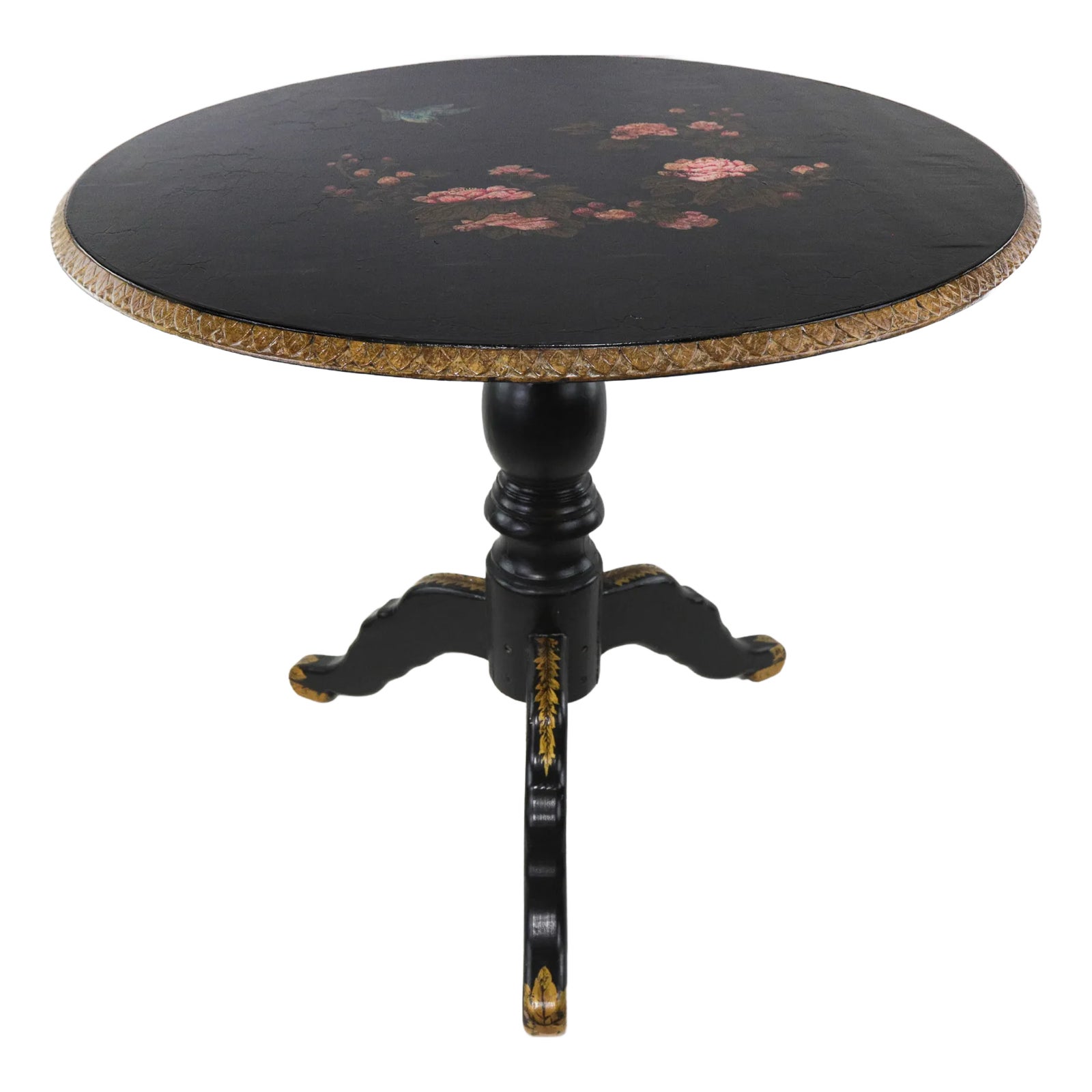 Vintage Black Lacquered Round Side Table With Hand-Painted Floral Motif ...