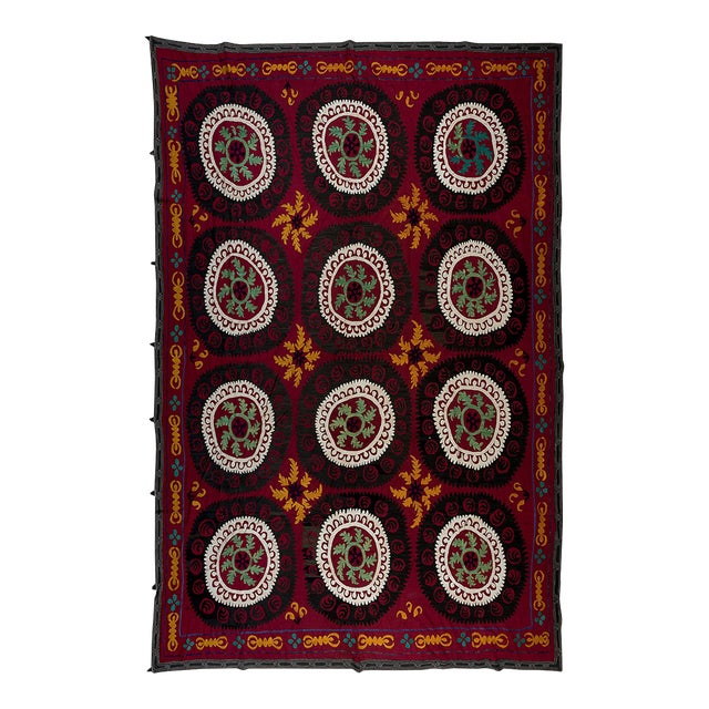 1980s Uzbek Silk Embroidery Burgundy Red Throw | Chairish