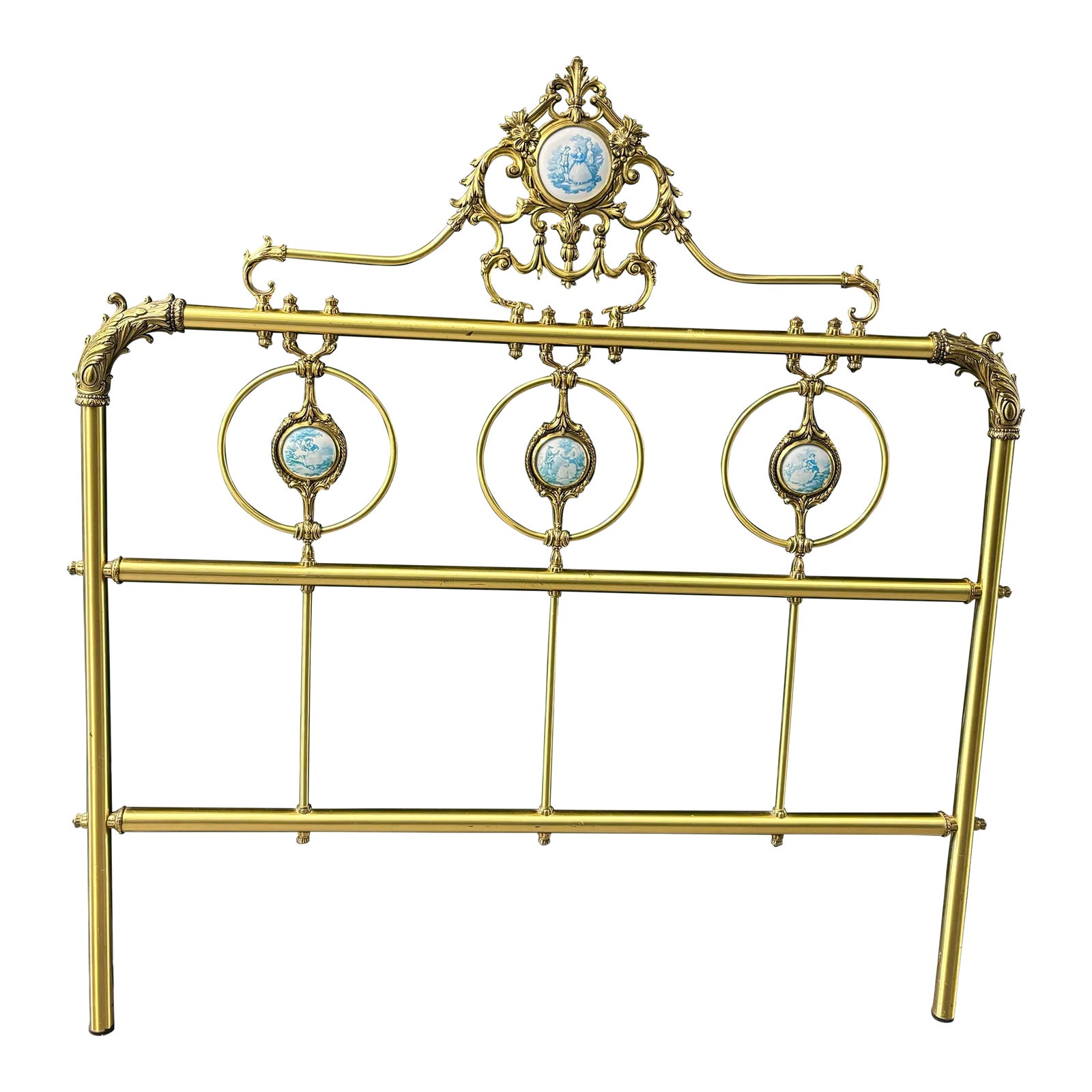 1980s Decorative Rococo Filigree Brass Twin Headboard With Blue and ...