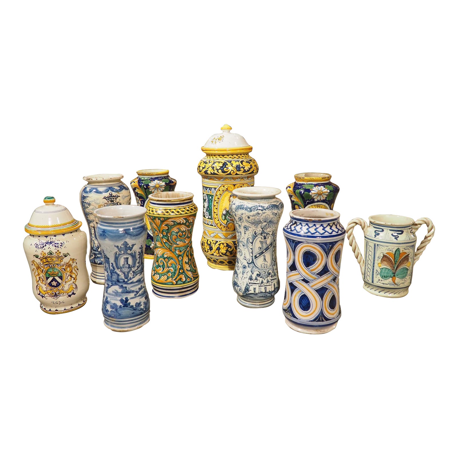 A Collection of 10 Italian Polychrome Albarelli Jars, 18th C. To 20th C ...