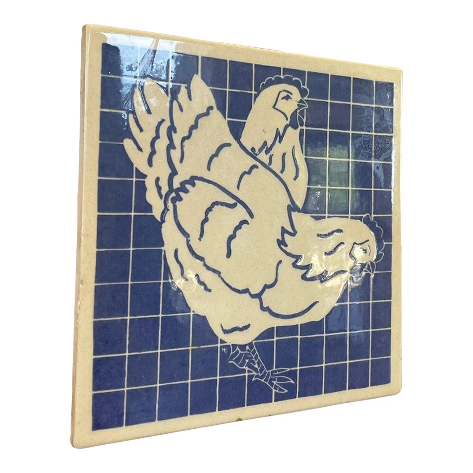 Vintage Blue Rooster Tile Coaster Motif Dish | Chairish