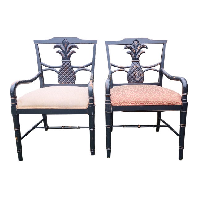 British Colonial Style Faux Bamboo Bent Wood Pineapple Arm Chairs - A ...