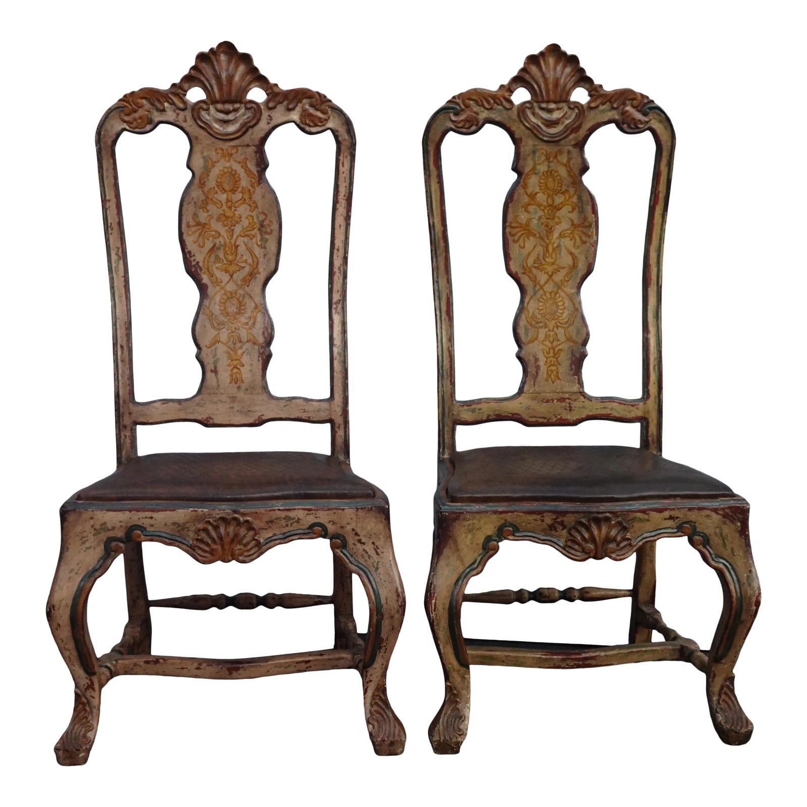 Vintage Brazilian Baroque Hand Painted Tooled Leather Chairs - a Pair ...