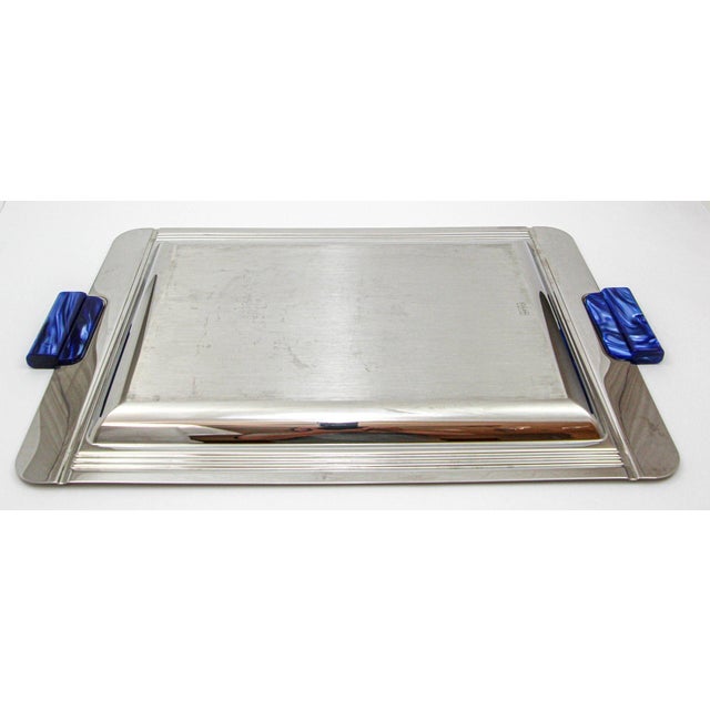 French Art Deco Jean Couzon Stainless Serving Tray With Marbled Blue ...