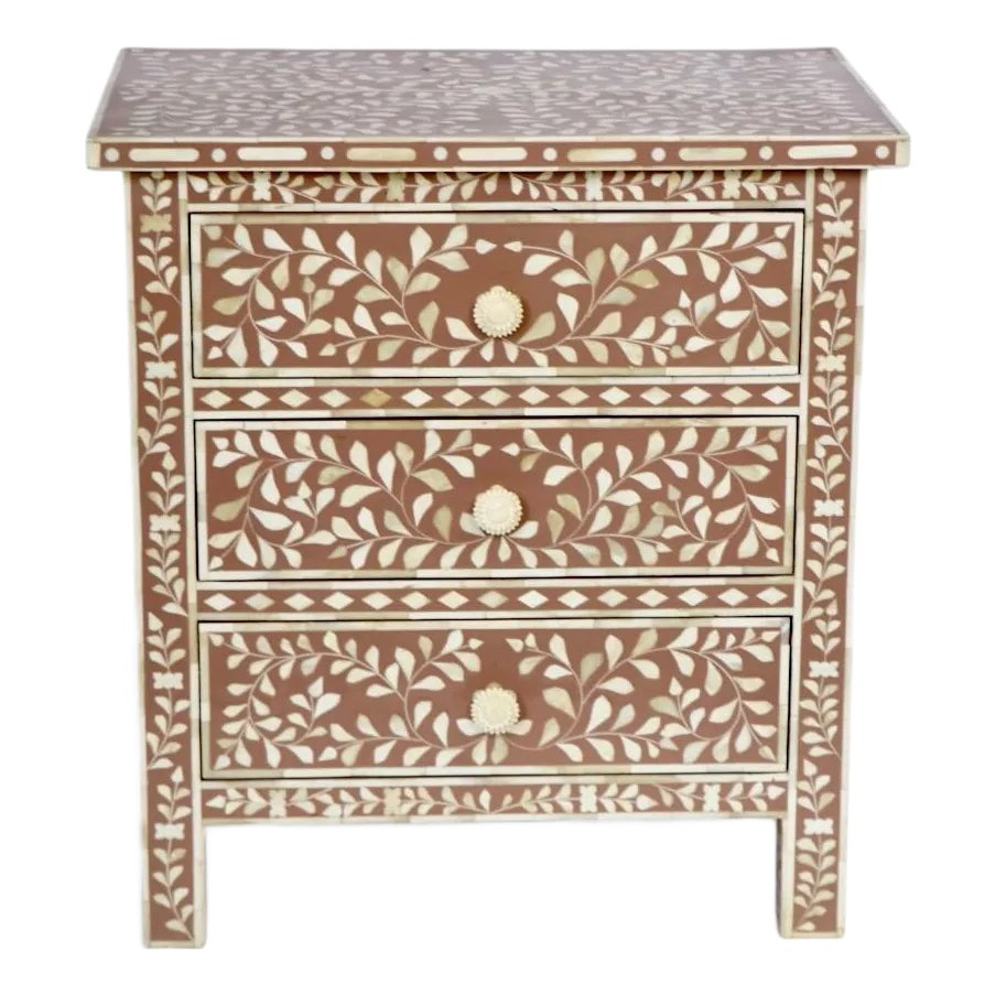 Mocha Bone Inlay Nightstand Table | Chairish