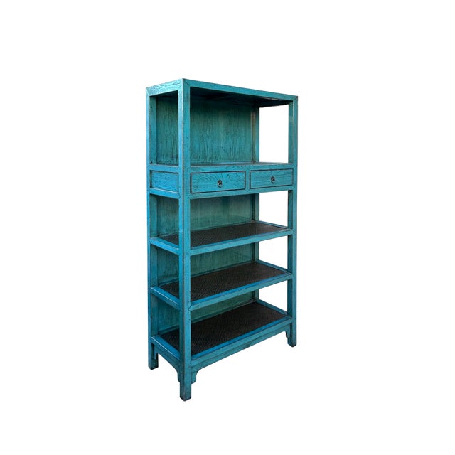 Distressed Turquoise Blue Rattan Shelves Bookcase Display Cabinet ...