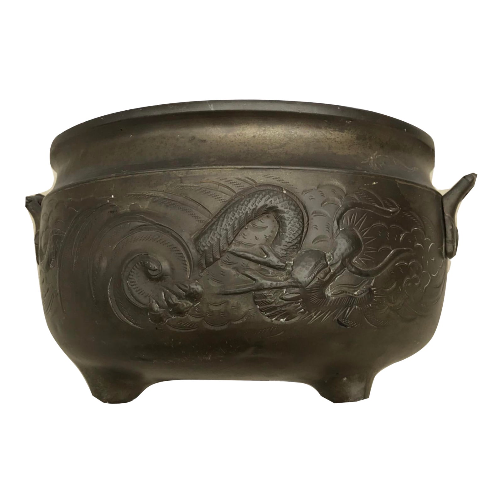 Antique Chinese Bronze Coal Pot With Embossed Double Sided Dragon ...