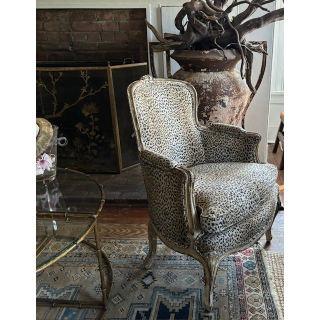 French Giltwood Arm Chair in Beige and Black Leopard Upholstery | Chairish