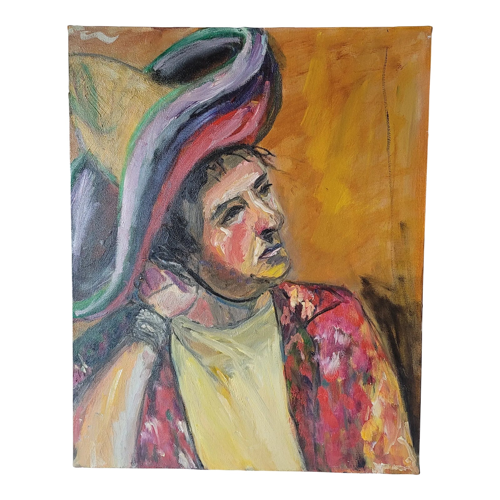 Late 20th Century Portrait "Man in Sombrero" Expressionist Oil Painting ...