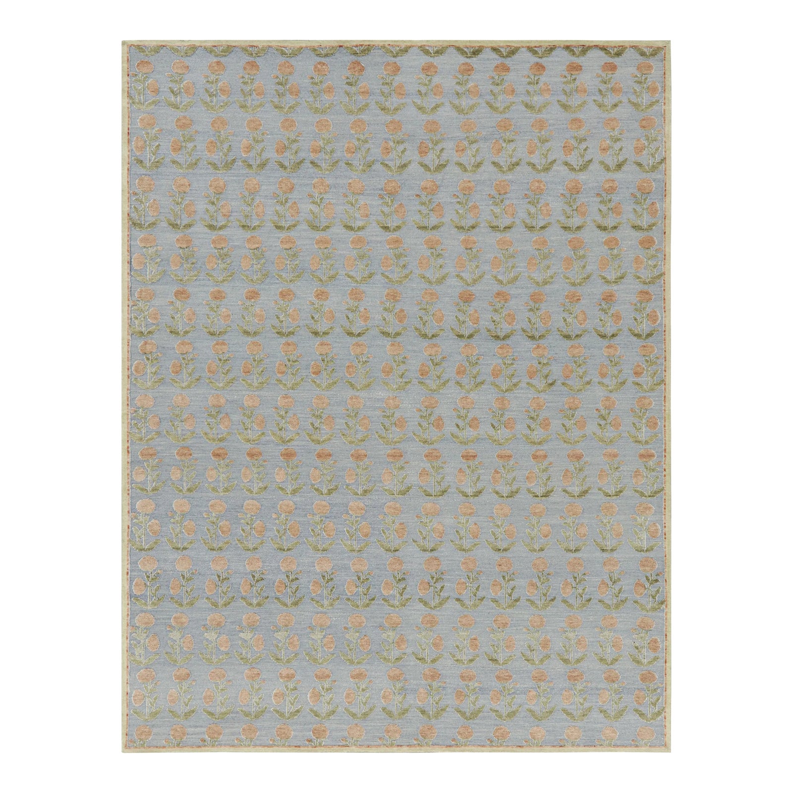 Rug & Kilim’s Block Print Rug Design with Brown and Green Floral ...