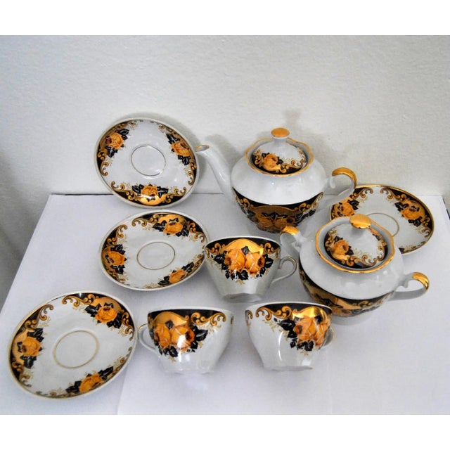 Napoleon III-Style Porcelain Tea Set With Gilded Roses- 9 Pieces | Chairish
