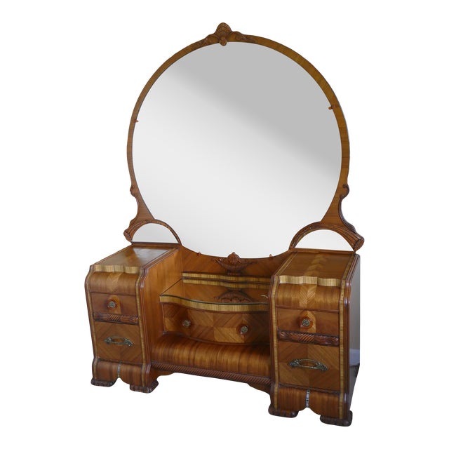 Vintage Waterfall Vanity With Etched Mirrors | Chairish
