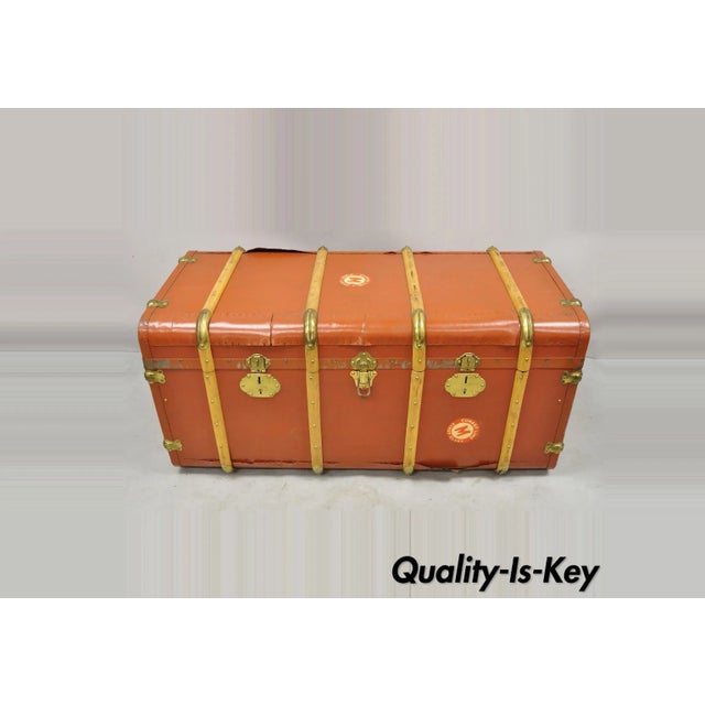 Antique Wooden Band Large Steamer Trunk Orange Ship Trunk Cunard Line ...