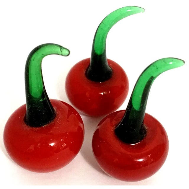 Murano Style Art Glass Cherries With Green Stems- Set of 3 | Chairish